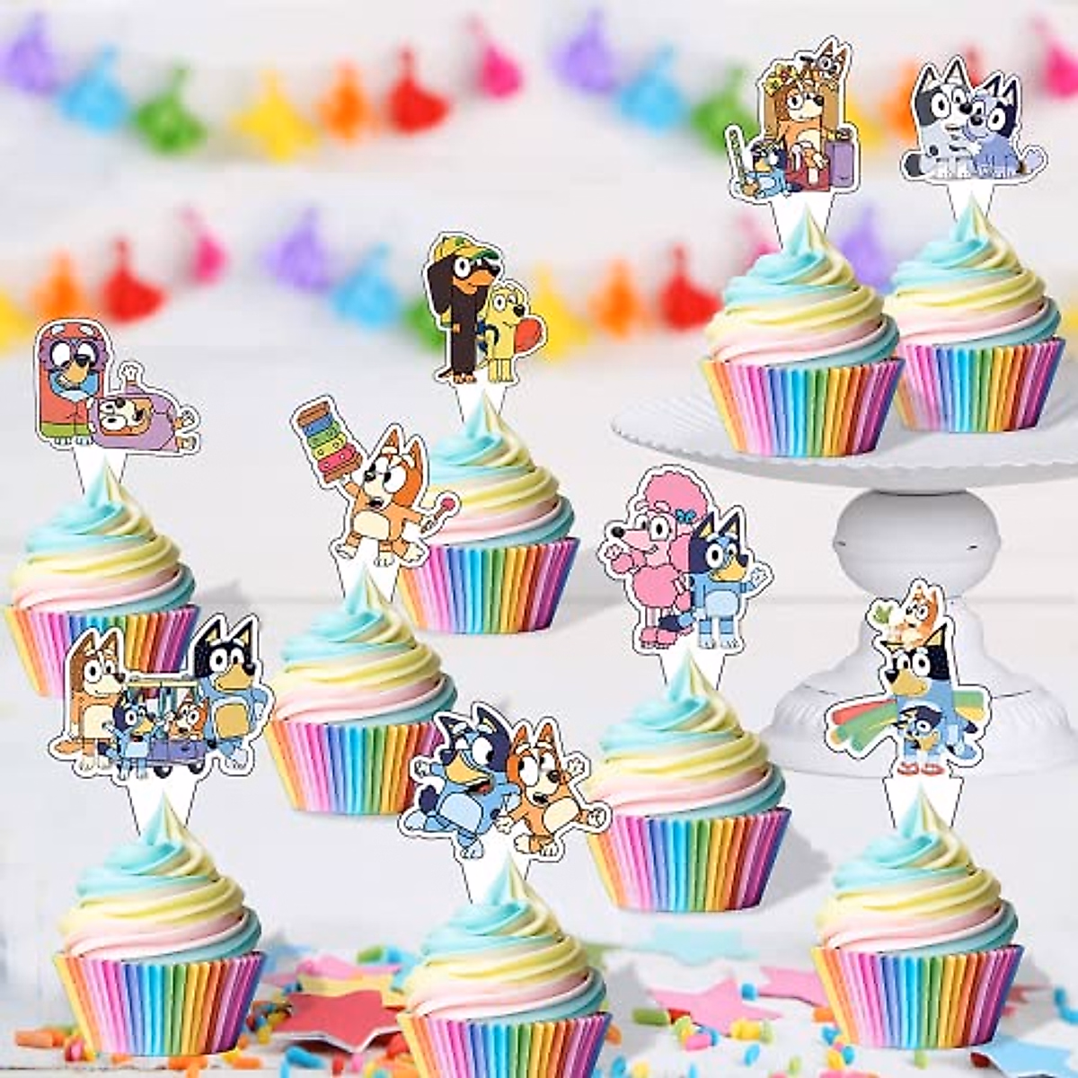 LIT-DAWN 25PCS Blue Dog Cake Cupcake Topper Decorations Cartoon Dog Happy Birthday Party Supplies for Kids Party Favors