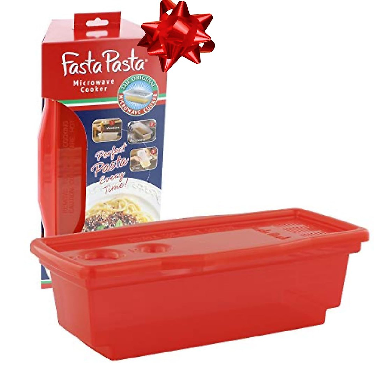 Microwave Pasta Cooker- The Original Fasta Pasta (Red)- Quickly Cooks up to 4 Servings- No Mess, Sticking or Waiting For Boil- Perfect Al Dente Pasta Every Time- For Dorms, Small Kitchens, or Offices