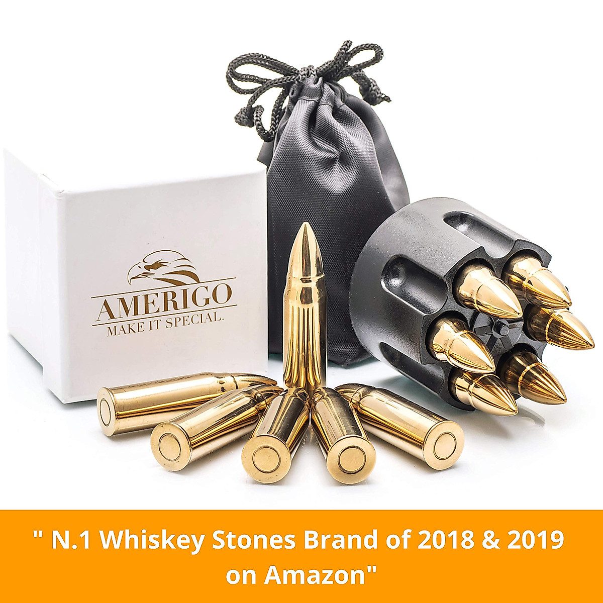 XL Gold Whiskey Stones in Base - Gift for Men, Valentines Day, Bar Accessories - Whiskey Gifts for Men, Boyfriend, Husband, Dad - Reusable Ice Cube - Regalos para Hombre