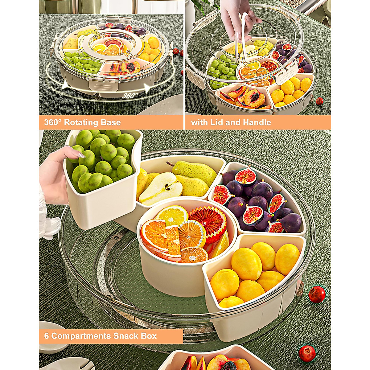 Unngeigei Rotating Divided Serving Tray with Lid and Handle