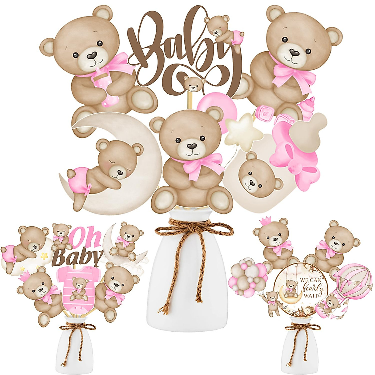 30Pcs Pink Bear Centerpiece Sticks We Can Bearly Wait Baby Shower Decorations Teddy Bear Table Toppers Bear Baby Shower Decorations Bear Centerpieces for Table Girls Baby Shower Supplies