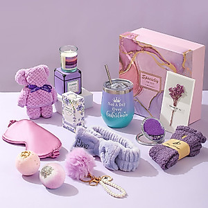 Gifts Basket for Women,Birthday Gifts for Women Purple Gifts Basket Lavender Relaxing Gift Set Self Care Package Gifts Unique Gifts Ideas for Girlfriend Sister Bestie Wife Mom Best Friend Gifts