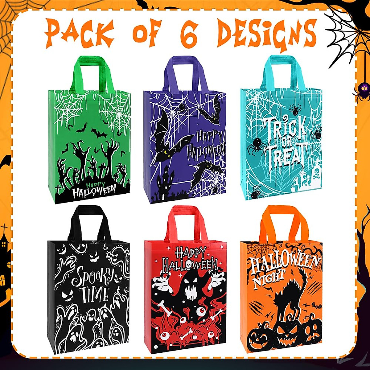 DULEFUN 6pcs Large Halloween Tote Gift Bags, Halloween Trick or Treat Bags with Handles Reusable Non-Woven Goodie Candy Bags for Gifts Wrapping Halloween Party Favor Supplies