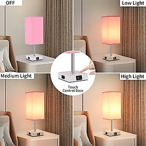 Woderdeng Touch Control Bedside Lamp - 3-Way Dimmable Table Lamps with USB C+A Port and Outlet, Nightstand Lamp for Bedroom Decor and Living Room,Pink