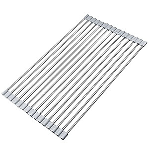 MGahyi Roll Up Dish Drying Rack, Over The Sink Drying Rack, Multipurpose 304 Stainless Steel Silicone Wrapped Steel Roll-Up , Folding Dish Rack for Kitchen Sink （Gray, 17.3" x 10.2"）