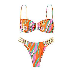 GORGLITTER Women's 2 Piece Sexy Strappy Deep Plunge Cut Out Bikini High Waisted Swimsuits Orange and Green X-Small