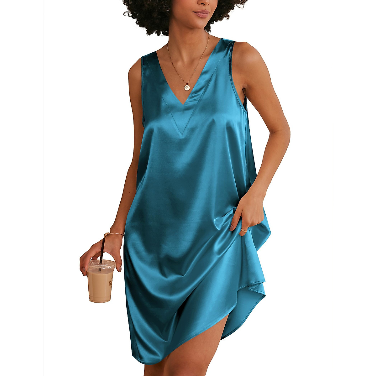 Ekouaer Nightgown Women's Silky V Neck Sleepwear Soft Lingerie Satin Pajama Dress Dark Blue