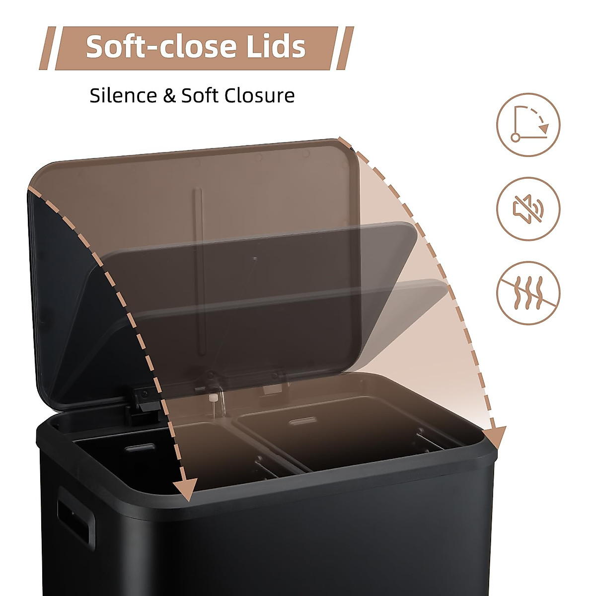 WELYFE 30 L/8 Gallon Trash Can, Rectangular Dual Compartment Recycling Step Bin, Stainless Steel Kitchen Trash Can, Removable Inner Box, Suitable for Kitchen, Office - Black