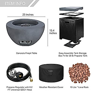 Kante 25 Inch Propane Fire Table with Assemblable Tank Cover, 50,000 BTU Large Concrete Fire Pit Table for Outdoor Patio, Smokeless Gas Fire Pit with Waterproof Cover, Lava Rock, Natural Concrete