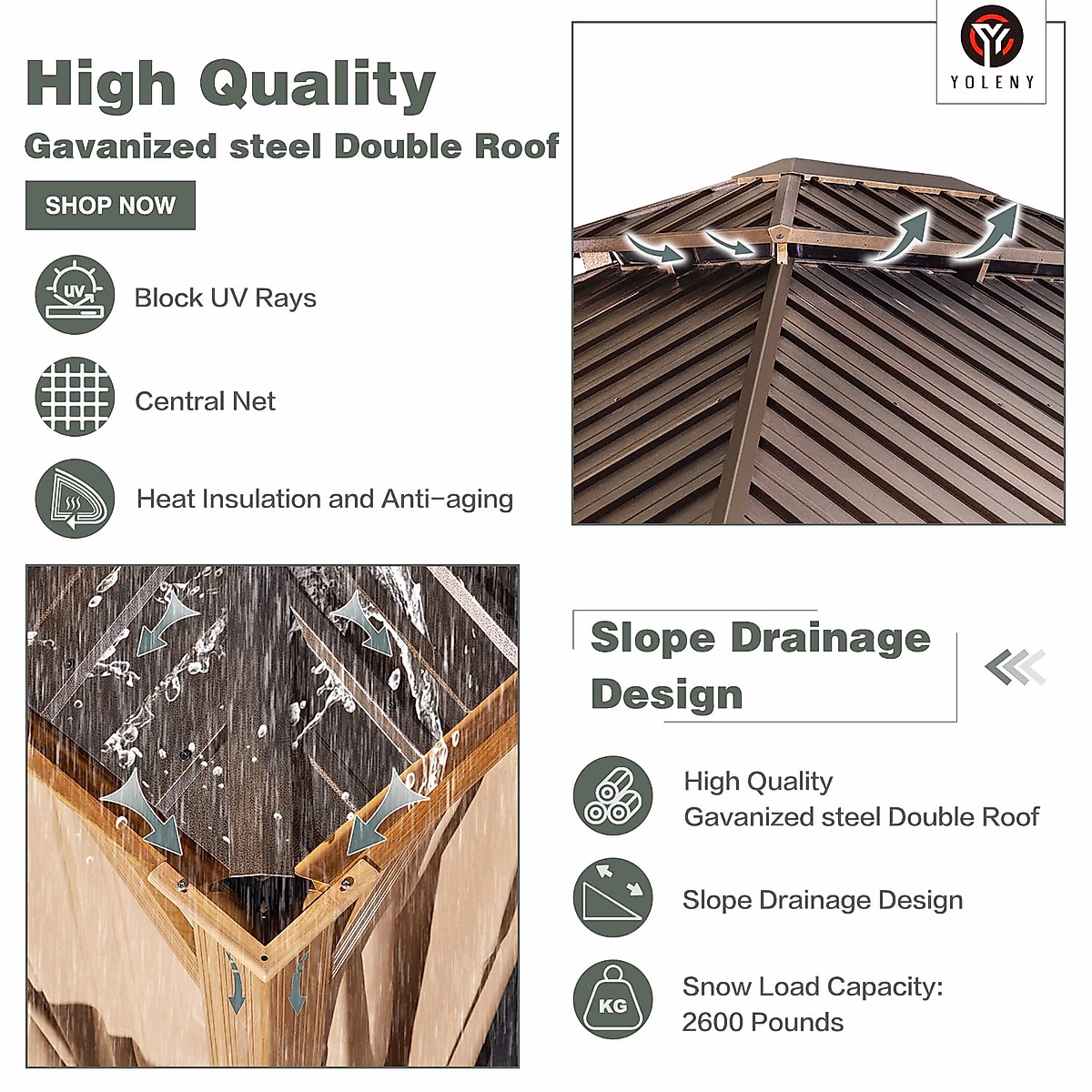 YOLENY 12'x16' Hardtop Gazebo, Wood Grain Aluminum Frame Outdoor Gazebo with Double Galvanized Steel Roof, Permanent Metal Pavilion with Curtains and Nettings for Patio, Backyard, Deck and Lawns