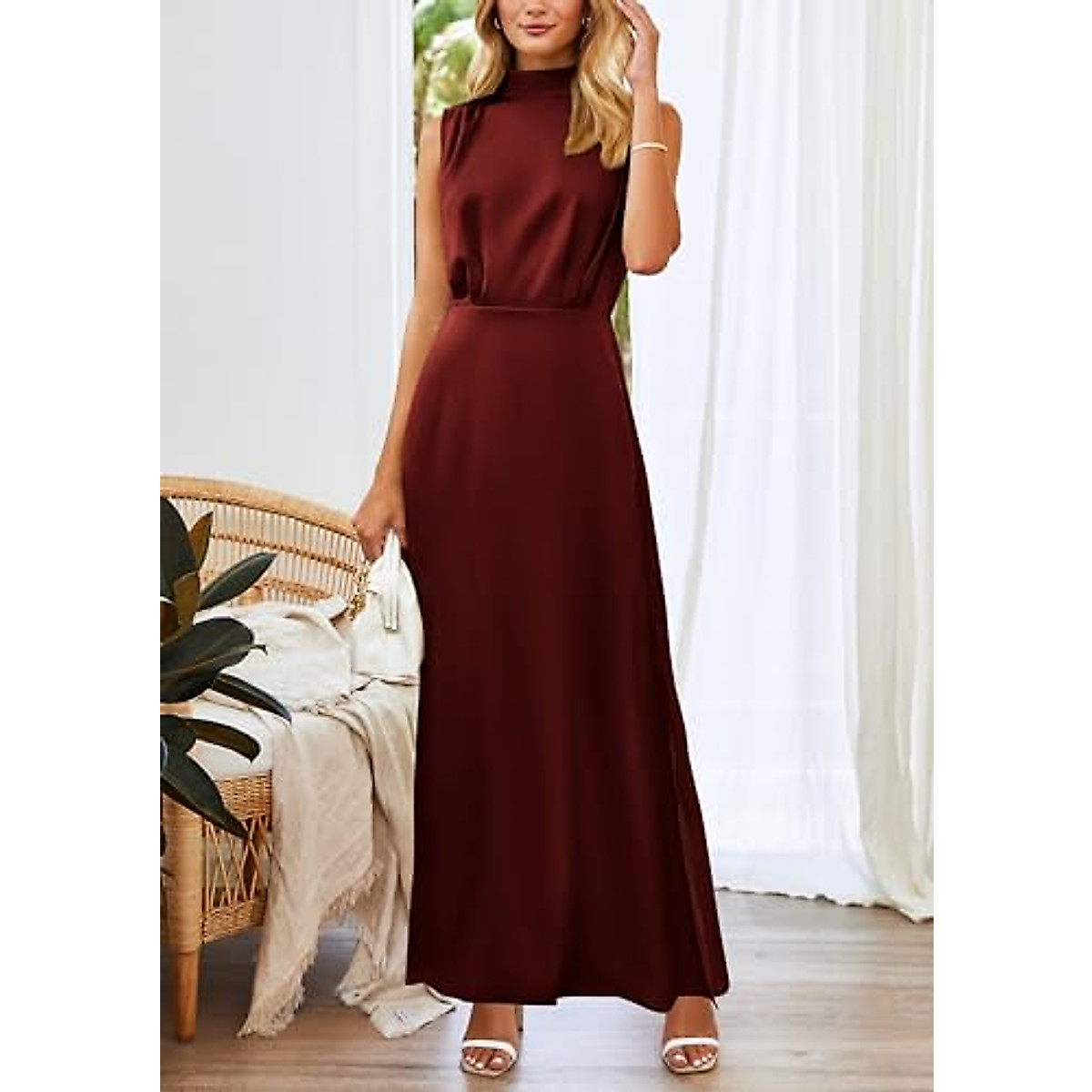 PRETTYGARDEN Women's Long Formal Satin Dress Mock Neck Sleeveless Side Slit Flowy Maxi Tank Dresses (Deep Red,Medium)