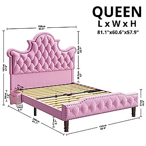 LIKIMIO Queen Size LED Bed Frame, Camas Queen with 58" Tall Tufted Headboard, Sturdy and Noiseless, No Box Spring Required, Pink