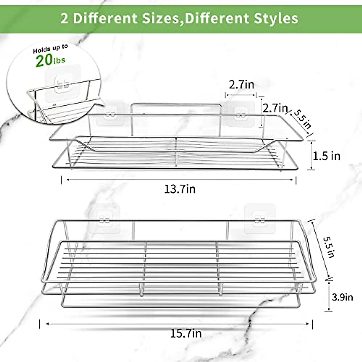 Go Green Tableware GOGN Shower Caddy Shelf with 4 Hooks,Adhesive Shower Organizer for Bathroom Storage,304 Stainless Steel,No Drilling and Wall Mounted,2 Pack (Silver)
