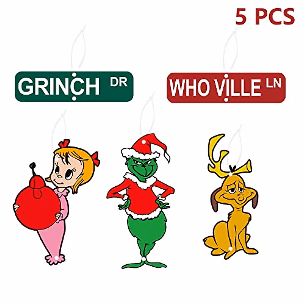 Grinch Drive & Who Ville Lane Paper Sign Grinch Tree Ornaments Christmas Grinch Ornaments for Tree Grinch Whoville Party Direction Christmas Grinch Home Birthday Party Decorations
