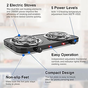 KOCASO Double Countertop Single Burner Electric Stove, 2000W Portable Coil Heating Hot Plate RV Hot Plate, with Non Slip Rubber Feet + 5 Temperature Adjustments, w/ 35in Plug Cord, Black