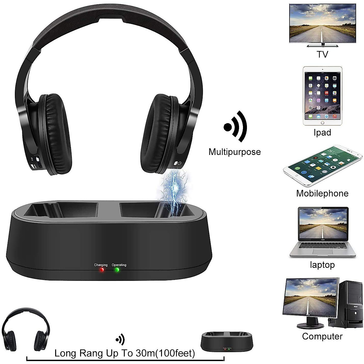 DIGITNOW Trail Wireless TV Headphones with Transmitter Dock, Over-Ear Cordless Headset with RCA / 3.5MM Input, for Watching Home Television Game 100 Feet Play Range