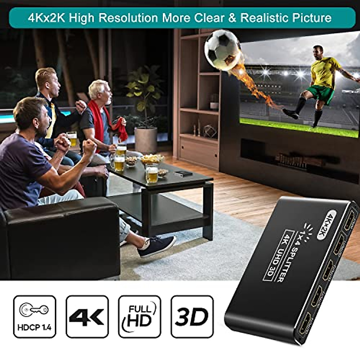 Movcle HDMI Splitter 1 in 4 Out, 4K HDMI Splitter for Dual Monitors/Mirror, Supports 4Kx2K@30Hz 3D Full HD 1080P for Xbox PS4 Blu-Ray Player Fire Stick Roku Apple TV (1 Source onto 4 Displays)