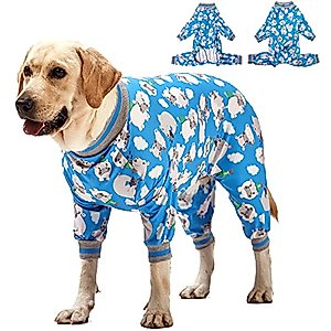 LovinPet Large Dog Clothes/Big Dog Onesie, Slim Fit, Lightweight Pullover/Full Coverage Dog Pjs/Happy Hippo Blue Print/Large Breed Dog Pjs/Medium