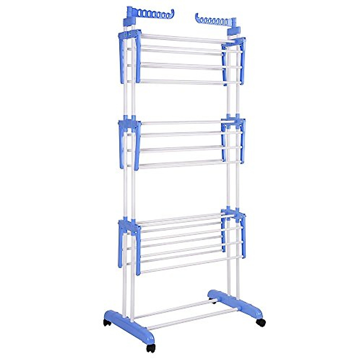 Aquaterior Folding 3 Tier Clothes Drying Rack Rolling Collapsible Garment Laundry Dryer Hanger Stand Rail with Two Side Wings Indoor Blue