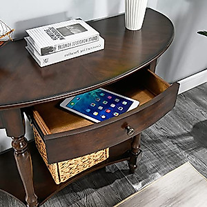 MODERION Solid Wood Console Table with Drawer, Semi-Circle Entryway Table with Storage Shelf, Half-Moon Traditional Elegant Vintage Sofa Table for Living Room, Small Space, Retro Walnut SFZ12233DC