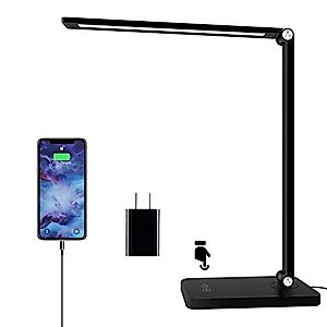 LED Desk Lamp with USB Charging Port Dimmable Eye-Caring Desk Light with Touch Control Foldable Lamp with 5 Lighting Modes,3 Brightness Levels Table Lamp for Reading, Studying, Working, Office, Black