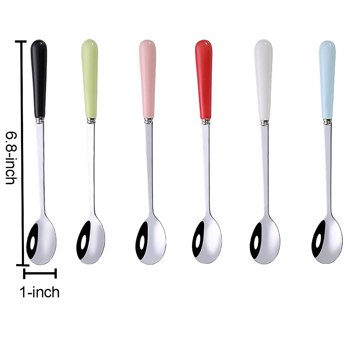 Goeielewe Dinner Spoons Set of 6, Stainless Steel Iced Teaspoons with Ceramic Handle 6.8-Inch Long Soup Tablespoons Espresso Coffee Spoons Candy-Colored Mixing Spoon - Mixed Color