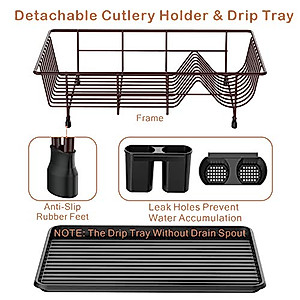 GSlife Dish Drying Rack with Drainboard - Dish Racks for Kitchen Counter, Dish Drainer with Utensil Holder, No Drain Spout, Bronze
