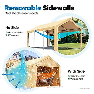 Quictent 10’x20’ Carport Heavy Duty Car Canopy Galvanized Car Shelter with Reinforced Steel Cables and Ground Bars-Beige