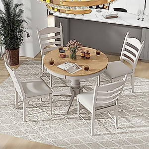 Tensun Dining Table Set, 5-Piece Retro Functional Dining Table Set, Wood Round Extendable Kitchen Table and 4 Upholstered Dining Chairs with Backrest for Kitchen, Living Room, Off White