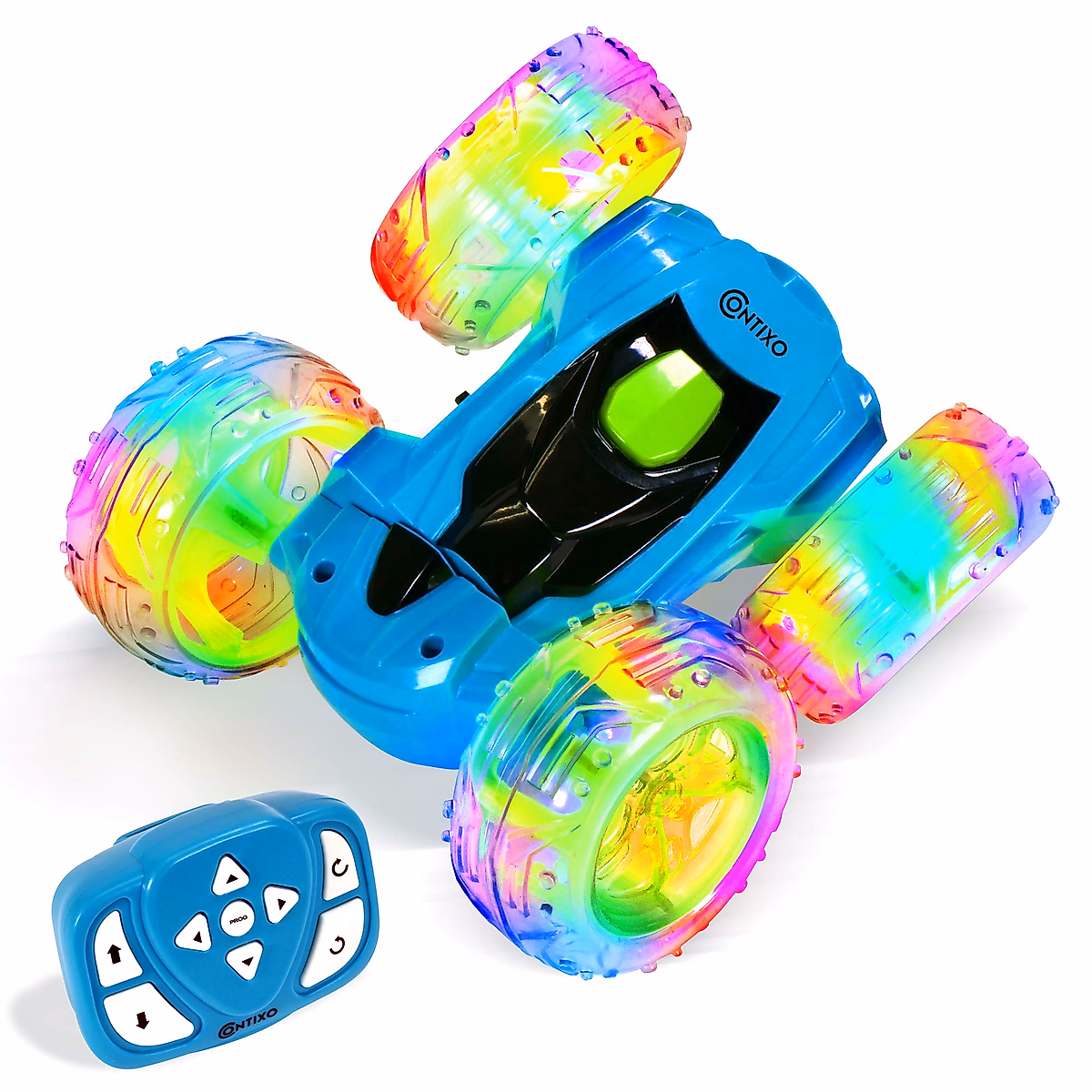 Contixo RC Stunt Car 4WD 2.4Ghz - Double Sided 360° Rotating Remote Control Toy with Lights, for Boys & Girls Age 4-12 Blue