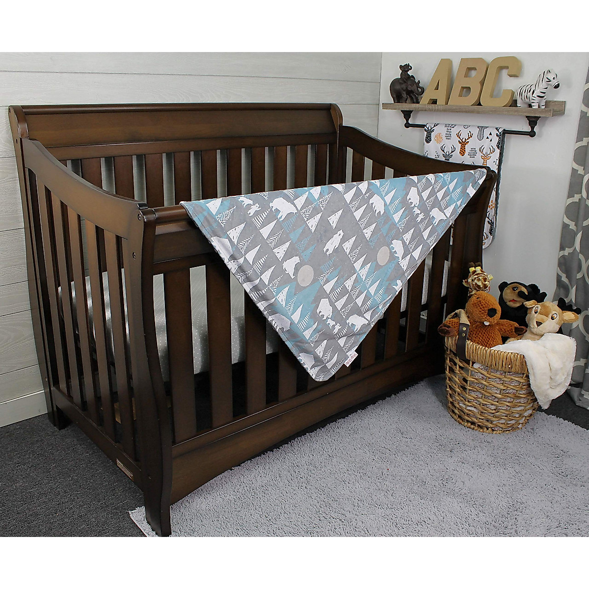 Top Tots Deluxe Baby Blanket - White Bear and Trees, Minky Dot, Grey