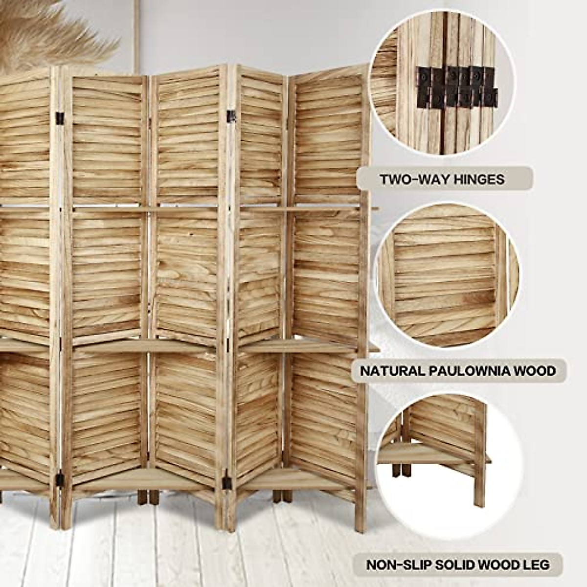 ECOMEX Room Divider 6 Panel, Wood Folding Room Divider Screen, Room Divider with Shelves and Easy Move Partition, Freestanding Room Screen Divider with Display Shelves (Natural Color)