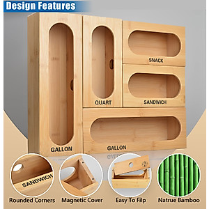 BWLAND Bamboo ziplock bag organizer for drawer 5 Pc Bamboo Premium Food Storage Bag Organizer Holders and Dispenser Compatible with Gallon, Quart, Sandwich, Snack, Candy Variety Size Bags