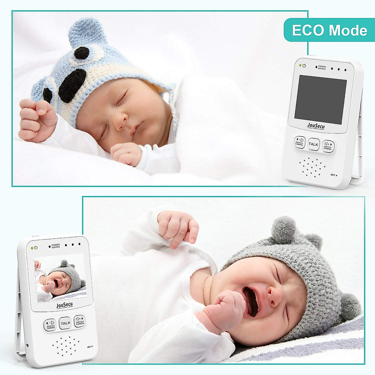JouSecu Baby Monitor with Camera and Audio 2.4inch LCD, 2-Way Talk, Night Vision, Eco Mode, 1000ft Range, Feeding Alarm （Up to 4 Cameras）