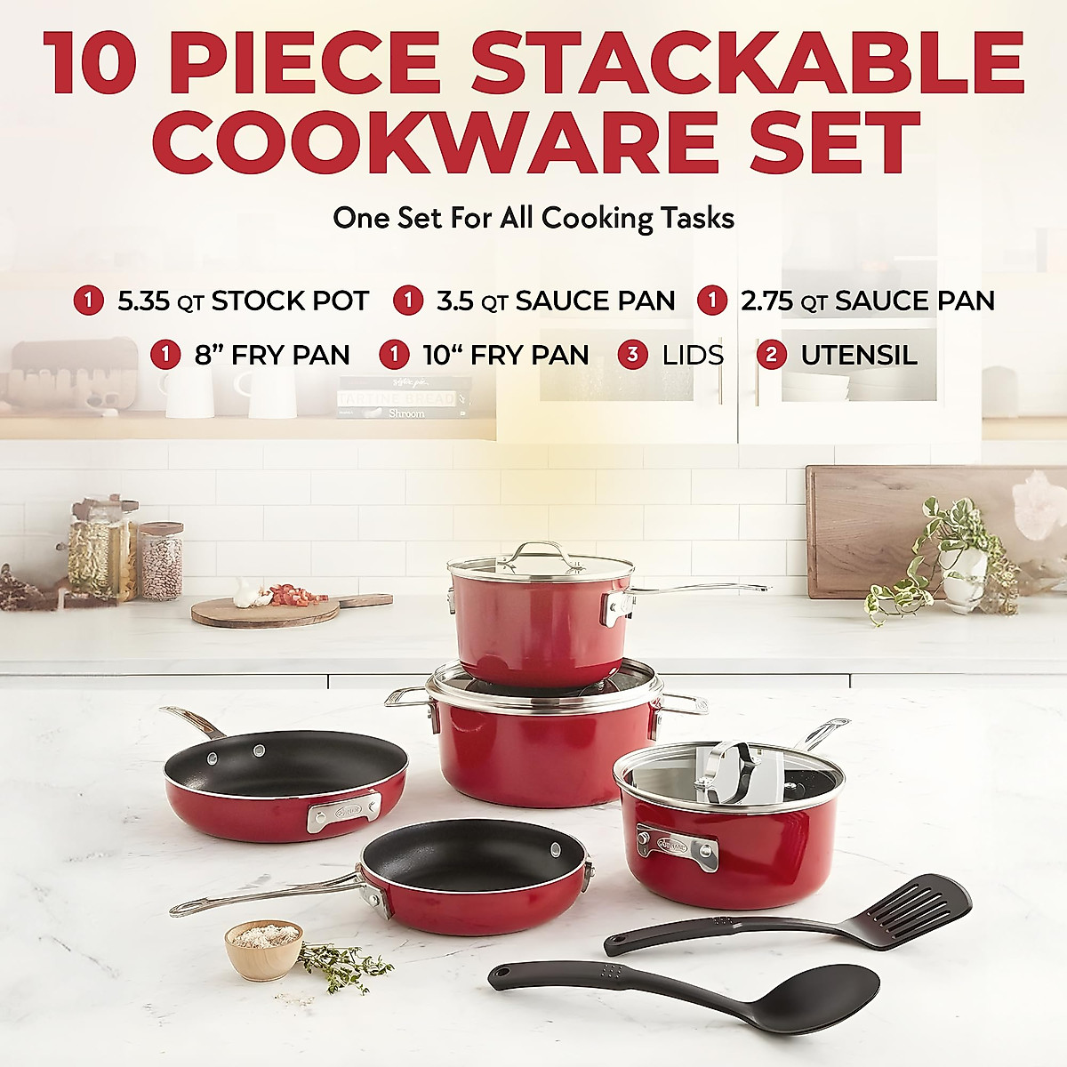Gotham Steel STACKMASTER Pots Stackable 10 Piece Cookware Set Ultra Nonstick Cast Texture Coating Includes Fry Pans, Red