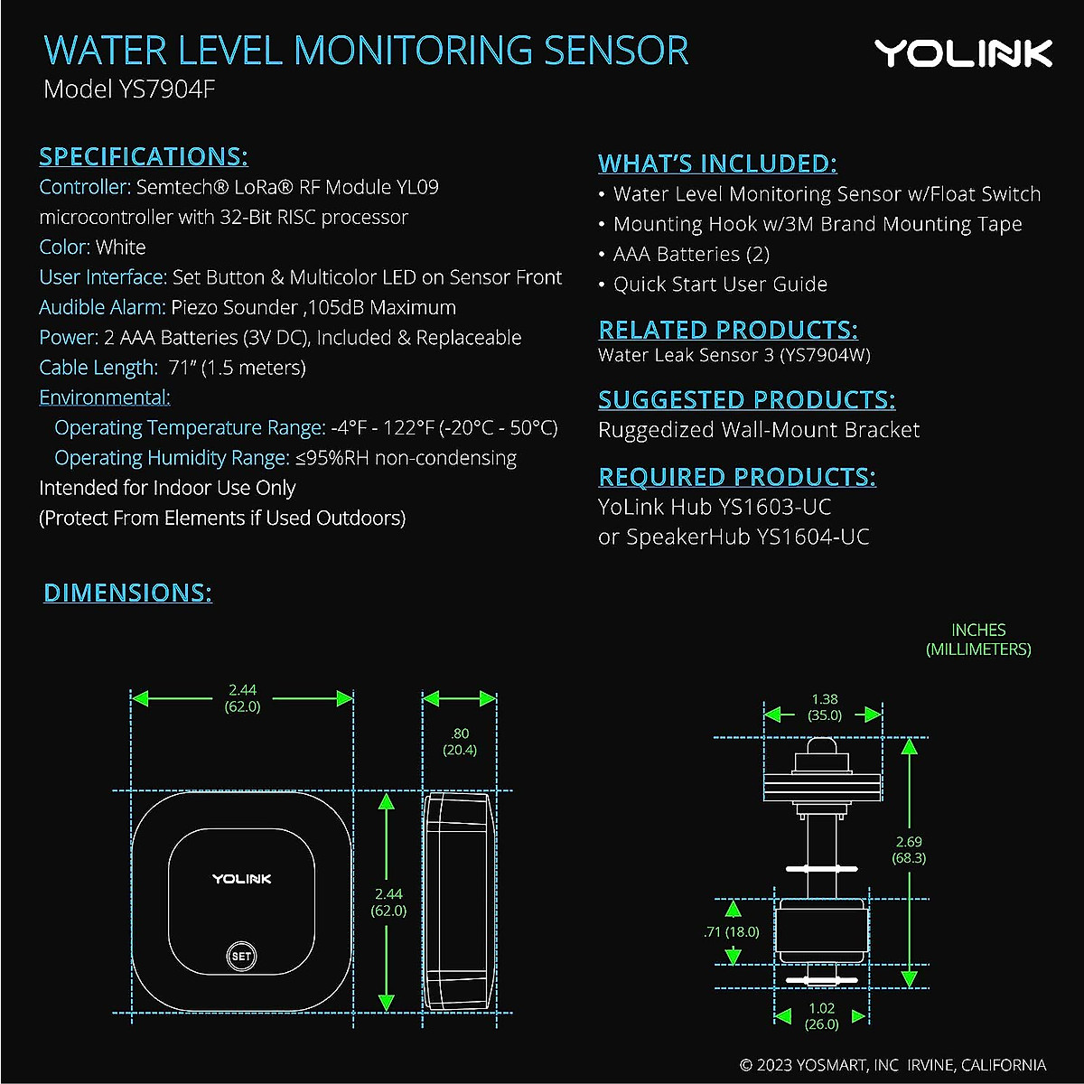 YoLink LoRa Smart Water Level Monitoring Sensor, Wireless Battery-Powered Float Switch Alarm, Sump Pump Alarm, AC Condensate Overflow, Tank Level, Toilet Leak Sensor, 105dB Siren, YoLink Hub Required