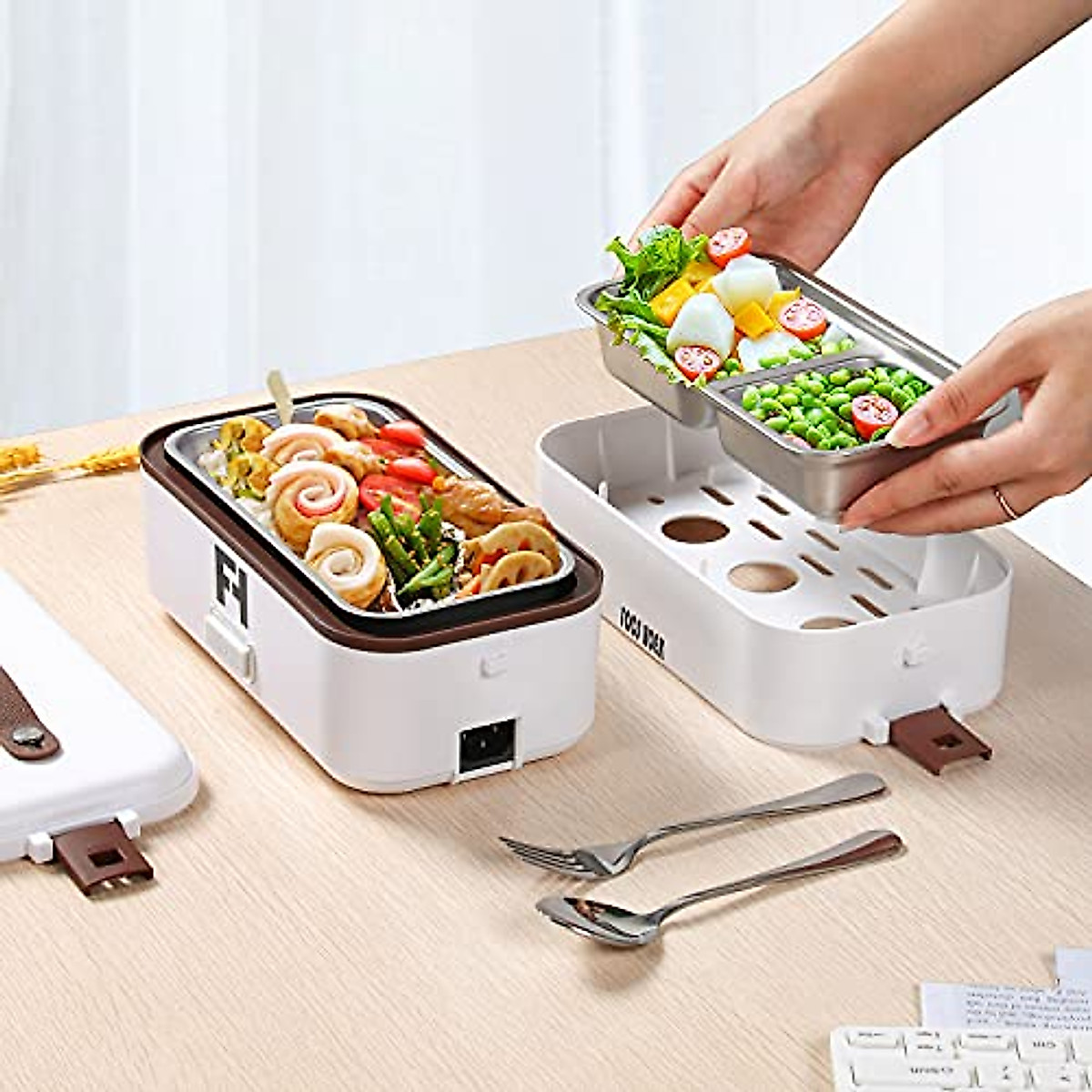 Focs Hoek Electric Lunch Box, Portable Heating Electric Lunch Box, 0.8L/110V With Spoon and Fork Insulation Bag, Suitable for Home School Office Workplace Travel(ONLY THE WALL PLUG) (White)