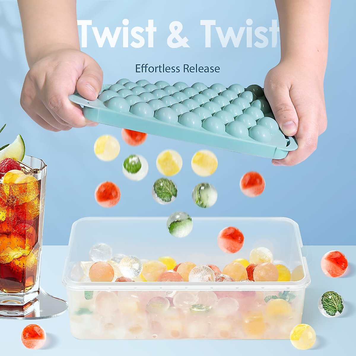 WIBIMEN Ice Cube Tray with Lid and Bin - Round Ice Trays for Freezer with Lid - Ice Cube Trays for Freezer with Ice Container (0.8"-2PACK Blue)