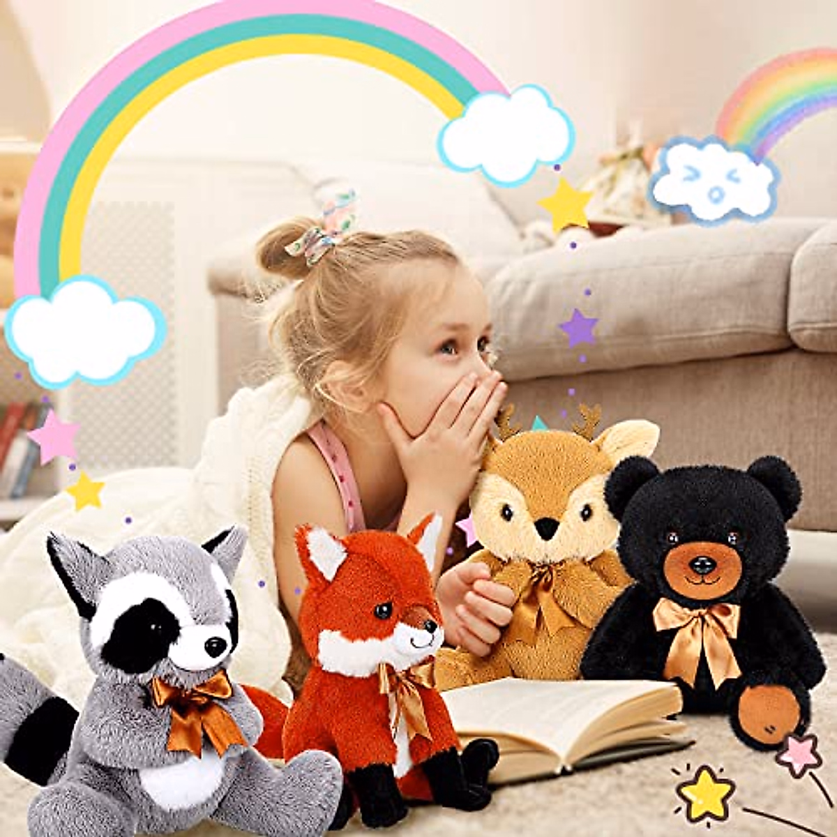Woodland Stuffed Animal Jungle Animal Toy Set Including Plush Elk Fox Raccoon Black Bear Realistic Toy Woodland Forest Animals Mini Plush Wild Animals Toys