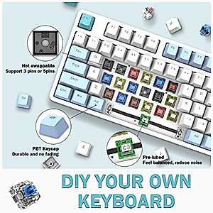 A.JAZZ AK873 Wired 87 Key TKL Retro Color Mechanical Gaming Keyboard with Rainbow Backlit Hot-swap Tactile Blue Switch NKRO Gasket Ergonomic Custom Coiled Aviator C to A Cable for Win/Mac(Blue White)