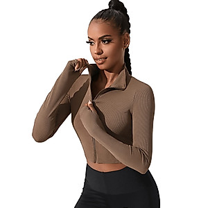 SweatyRocks Women's Long Sleeve Stand Collar Zip Up Crop Top Stretchy Sports Jacket Activewear Coffee Brown L