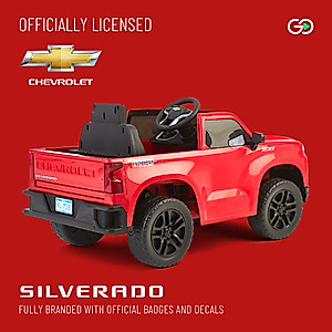 12V Chevy Silverado Ride On Truck with HIGH Speed Mode (5 MPH) & Parent Remote Control, Kid's Battery Powered Licensed Electric Vehicle, LED Lights, Real Tailgate, & Truck Sounds, by ReadyGO - Red