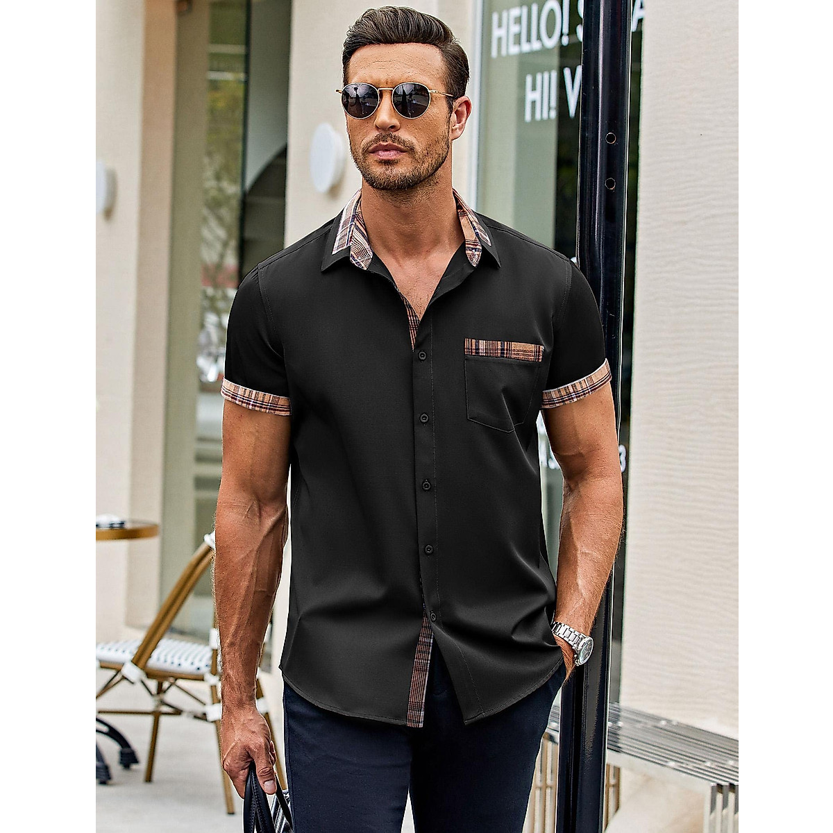 COOFANDY Men's Button Up Shirts Short Sleeve Business Casual Dress Shirts for Men Black