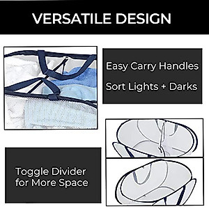 Smart Design Deluxe Mesh Pop Up 2 Compartment Laundry Sorter Hamper Basket - VentilAir Fabric Collapsible Design - for Clothes & Laundry - Home Organization (Holds 2 Loads) (23 x 15 Inch) [White]