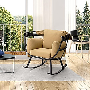 Crestlive Products Patio Egg Chair, Outdoor Indoor Rocking Sofa Chair with Folding Canopy, All Weather Aluminum Lounge Chair w/Cushion & Sun Shade Cover for Living Room, 265lb Capacity (Black & Tan)