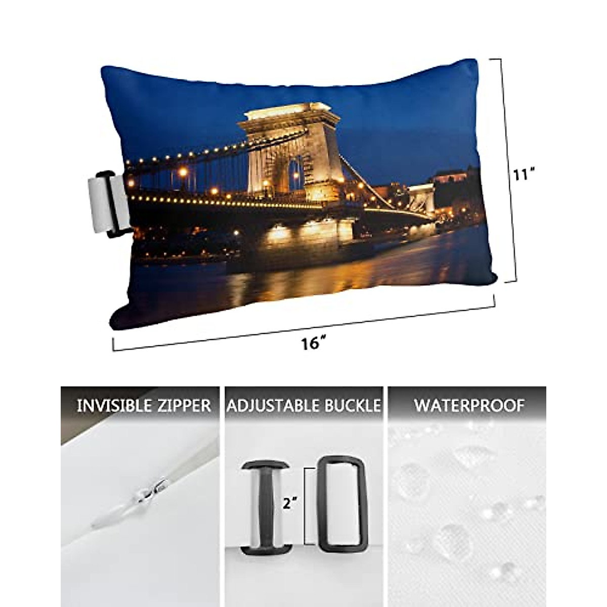 Prime Leader Recliner Head Pillow Ledge Loungers Chair Pillows with Insert Modern Dark Blue Sky Building Bridge Night Scene Lumbar Pillow with Adjustable Strap Outdoor Waterproof Patio Pillows, 2 PCS