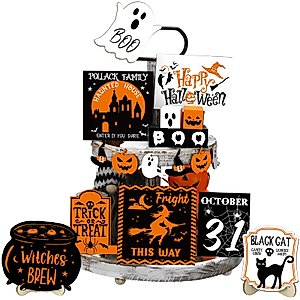 19 Pcs Halloween Tiered Tray Decorations Set Halloween Farmhouse Tray Decoration Boo Happy Halloween Wooden Signs Rustic Tiered Tray Decor Items for Home Table Kitchen Party