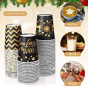 Roowest 144 Pcs Christmas Cups 9 oz Holiday Assorted Paper Cups Drinking Tea Disposable Christmas Coffee Cups for Hot and Cold Beverage Chocolate Xmas Party Supplies Daily Use, 9 Styles (Black Gold)