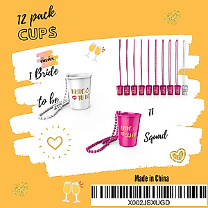 KIKEVITE Bachelorette Party Shot Glass Necklaces Drinking Supplies 12 PACK - 1 White Bride Cup and 11 Pink Squad Cups Bridal Shower