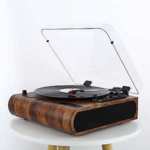 VOSTERIO Bluetooth Record Player, 3 Speed Turntable with Built-in Speakers, Retro LP Vinyl Player with BT Input & Output, FM Radio, USB & SD Card Recording, Aux in, LED Display
